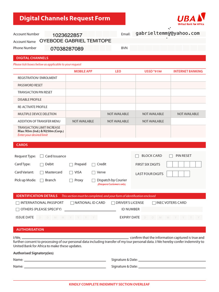 Digital Channels Request Form | PDF | Identity Document | Debit Card