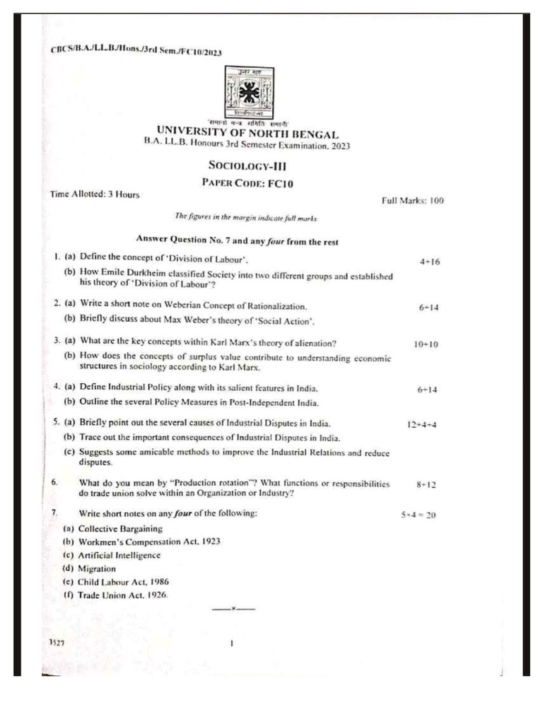 Sociology 3rd Sem Question Paper | PDF