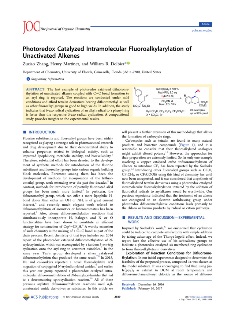 Photoredox Catalyzed Intramolecular Fluoroalkylarylation of Unactivated ...