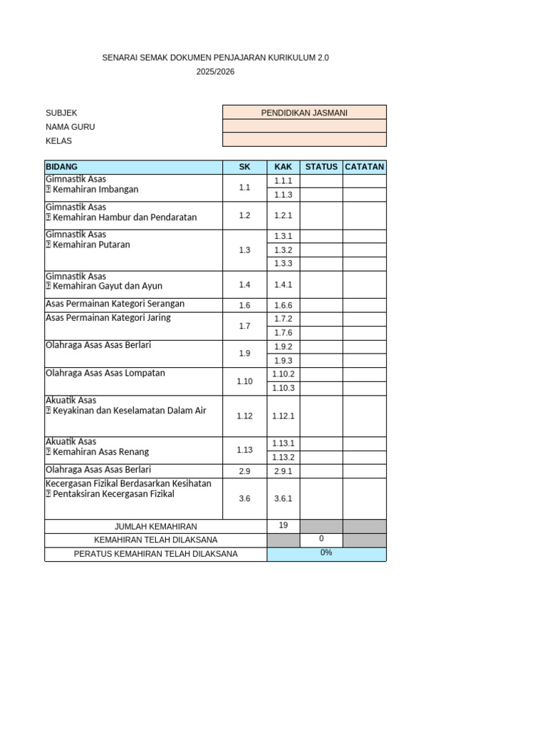 PJ Tahun 4 - Borang Rekod Pelaksanaan KAK | PDF
