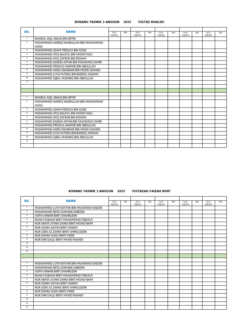 Borang Tasmik 3 Anggun 2025 | PDF