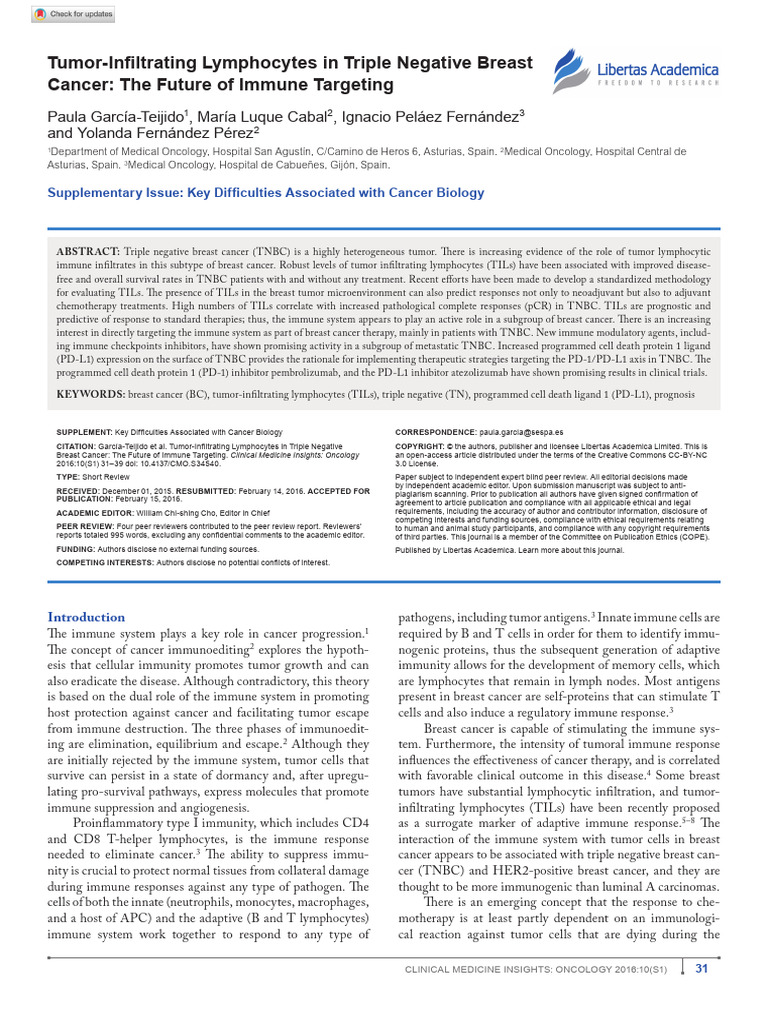 Tumor-Infiltrating Lymphocytes in TNBC | PDF | Immune System | T Cell