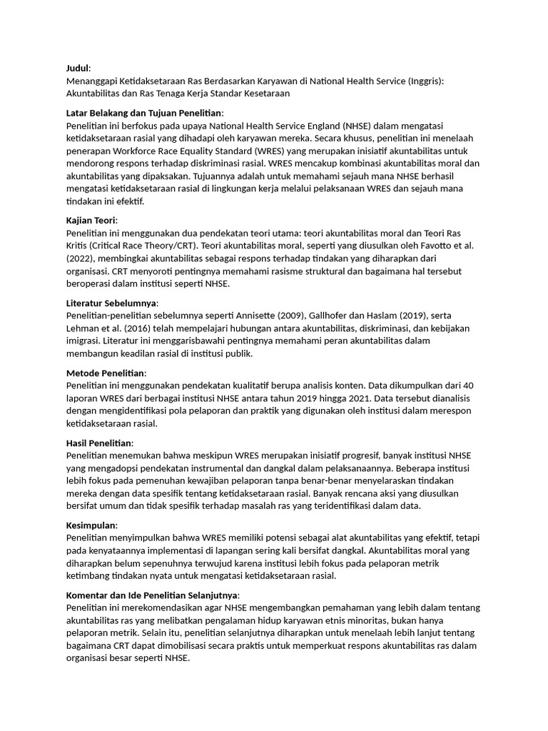 Akuntabilitas Ras di NHS: Evaluasi WRES | PDF