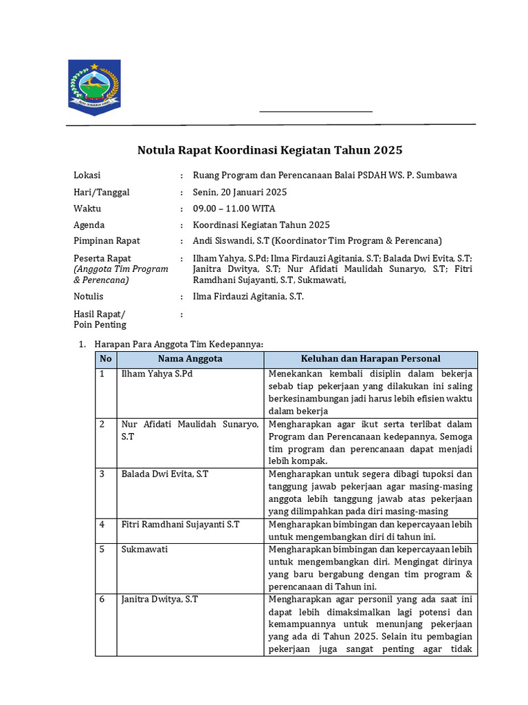Notula Rapat Koordinasi 2025 PSDAH Sumbawa | PDF