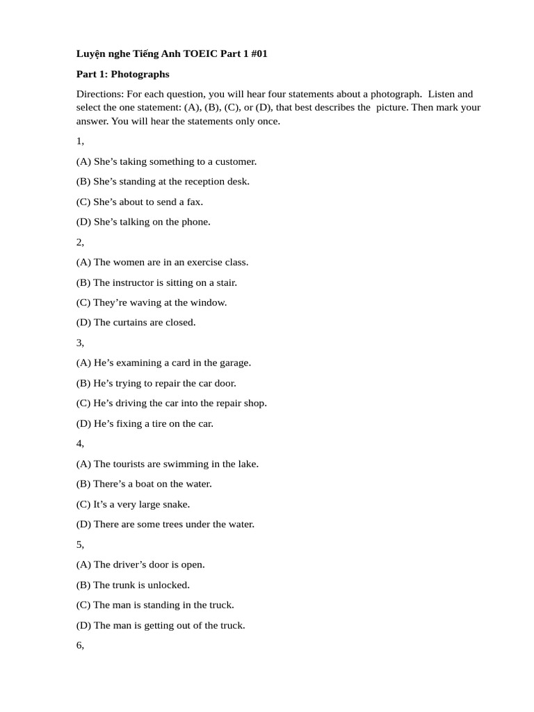 Luyện Nghe TOEIC Part 1: Hình Ảnh | PDF | Bed | Furniture