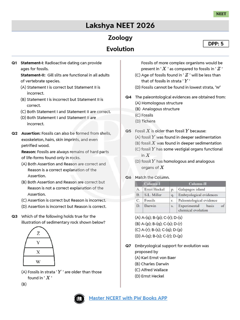 Evolution DPP 05 (Of Lec 06) Lakshya NEET 2026 | PDF | Fossil | Natural Selection