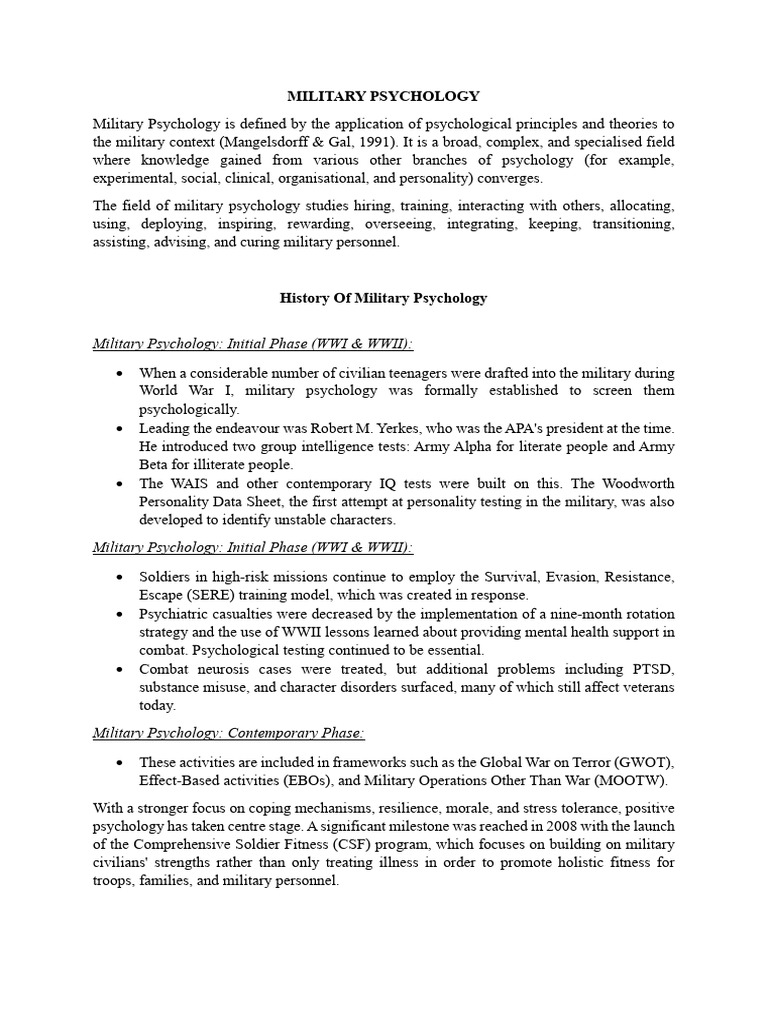 Unit 4A Military Psych General Notes | PDF | Psychology | Military