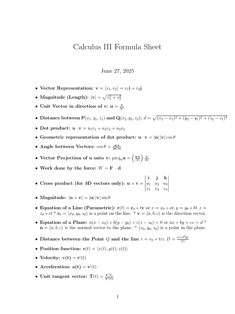 Calculus Formulae Sheet | PDF | Acceleration | Euclidean Vector