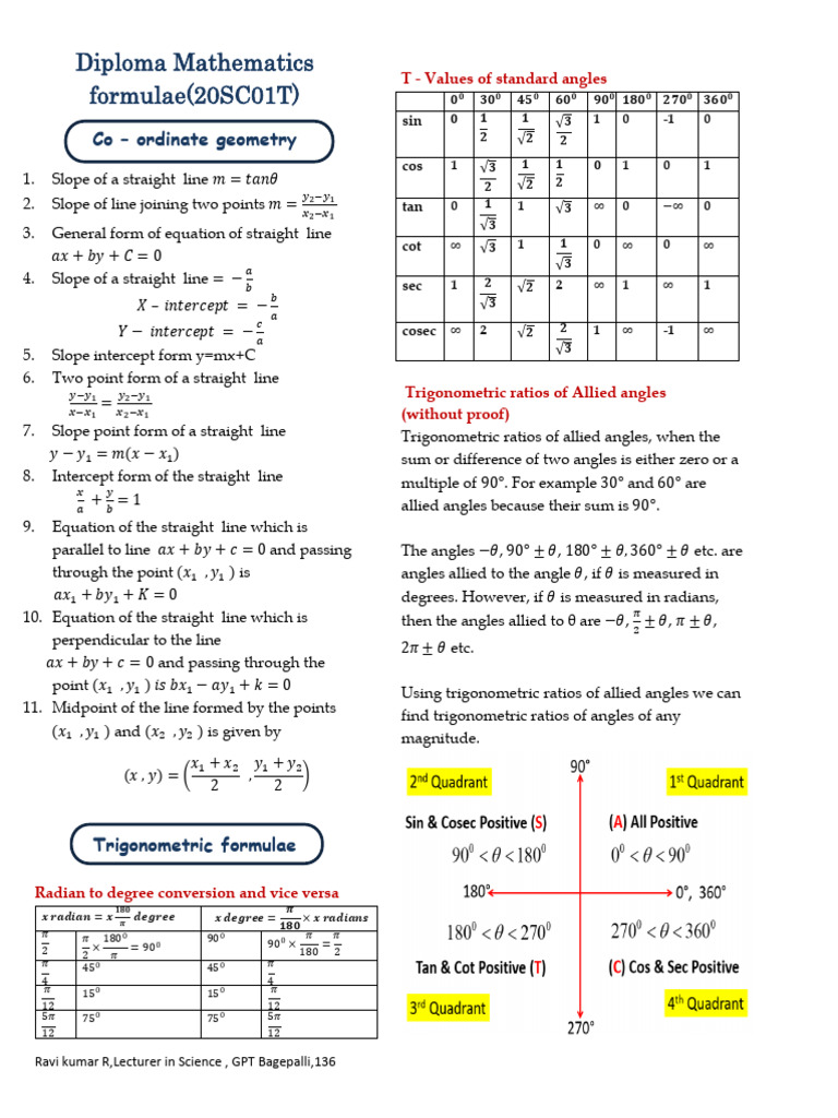Diploma Formula 1st Sem | PDF | Trigonometric Functions | Slope