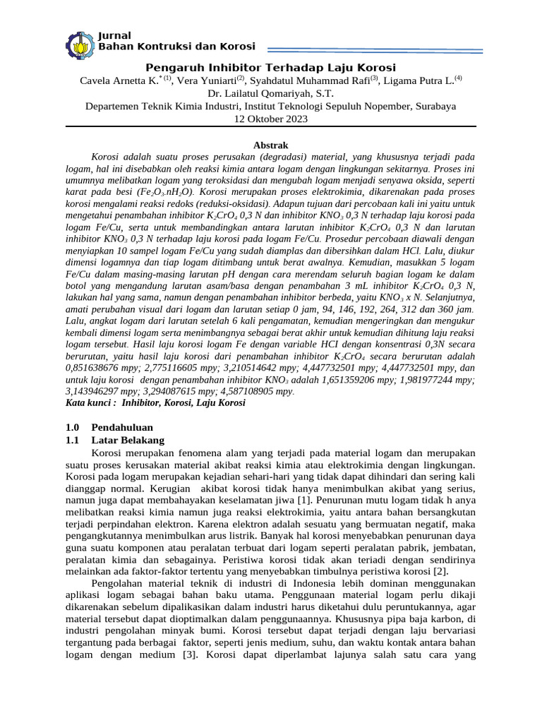 3A_Cavela Arnetta_Pengaruh Inhibitor Terhadap Laju Korosi_ Asis 5 | PDF
