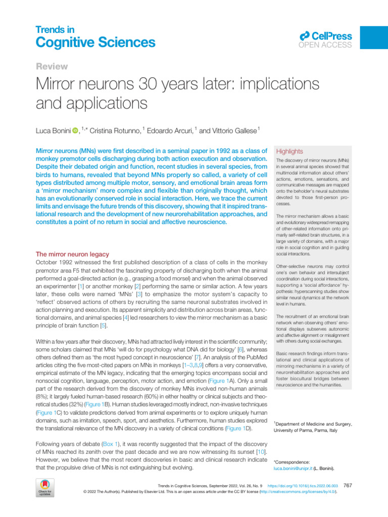 Mirror Neurons: 30 Years of Impact | PDF | Brain | Perception