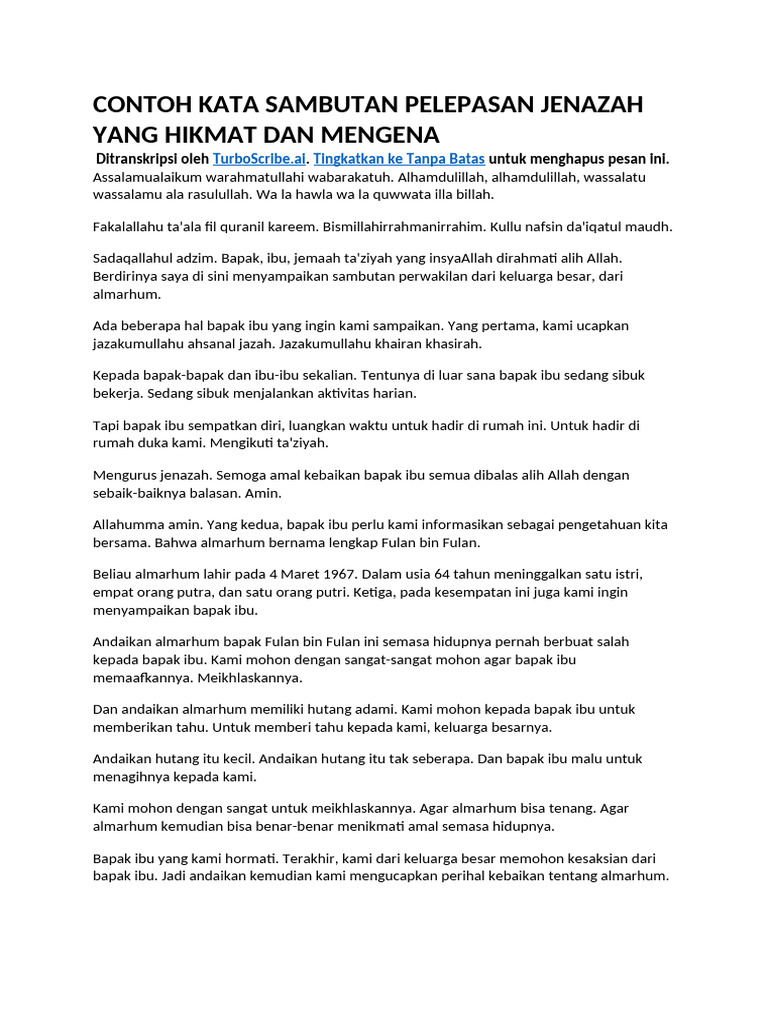 Contoh Kata Sambutan Pelepasan Jenazah Yang Hikmat Dan Mengena | PDF