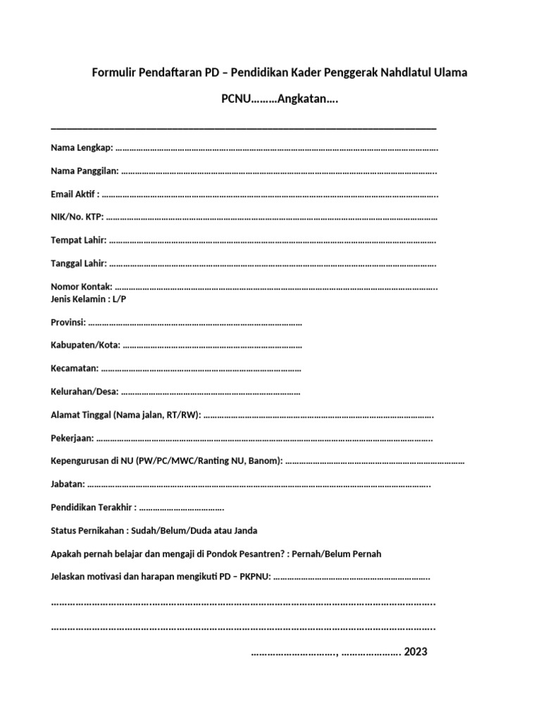 Formulir Pendaftaran PD-PKPNU | PDF