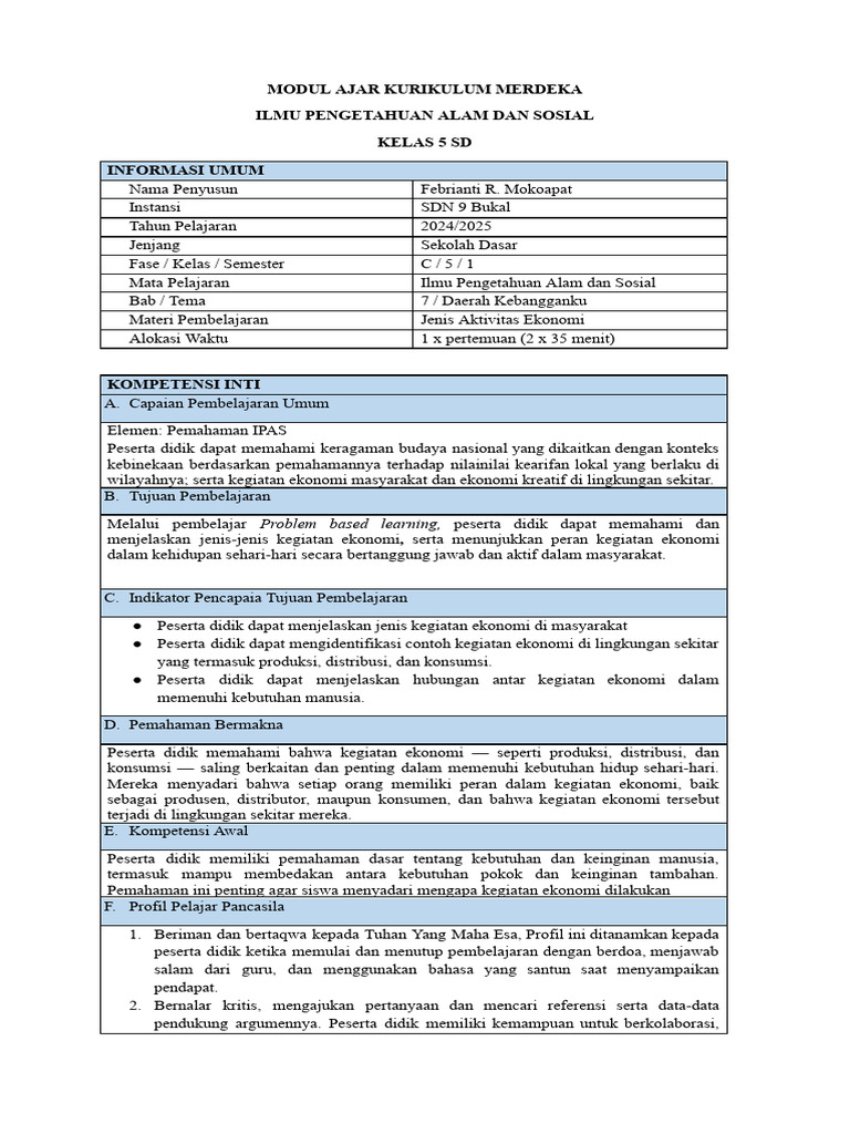 Modul Ajar IPA dan IPS Kelas 5 SD | PDF