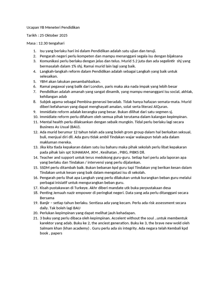 Catatan Ucapan YB Menteri Pendidikan 25 Okt 2025 | PDF