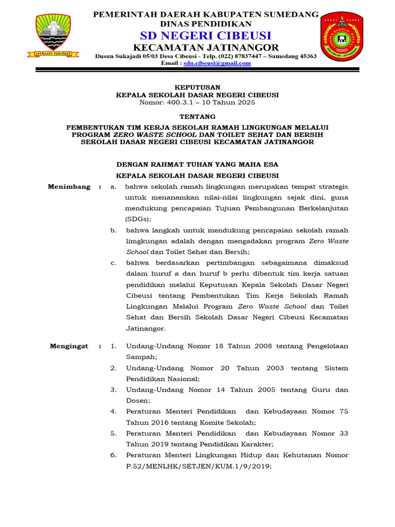 SK Kepsek Ttg Tim Kerja Sekolah Ramah Lingkungan Zero Waste School (1) | PDF