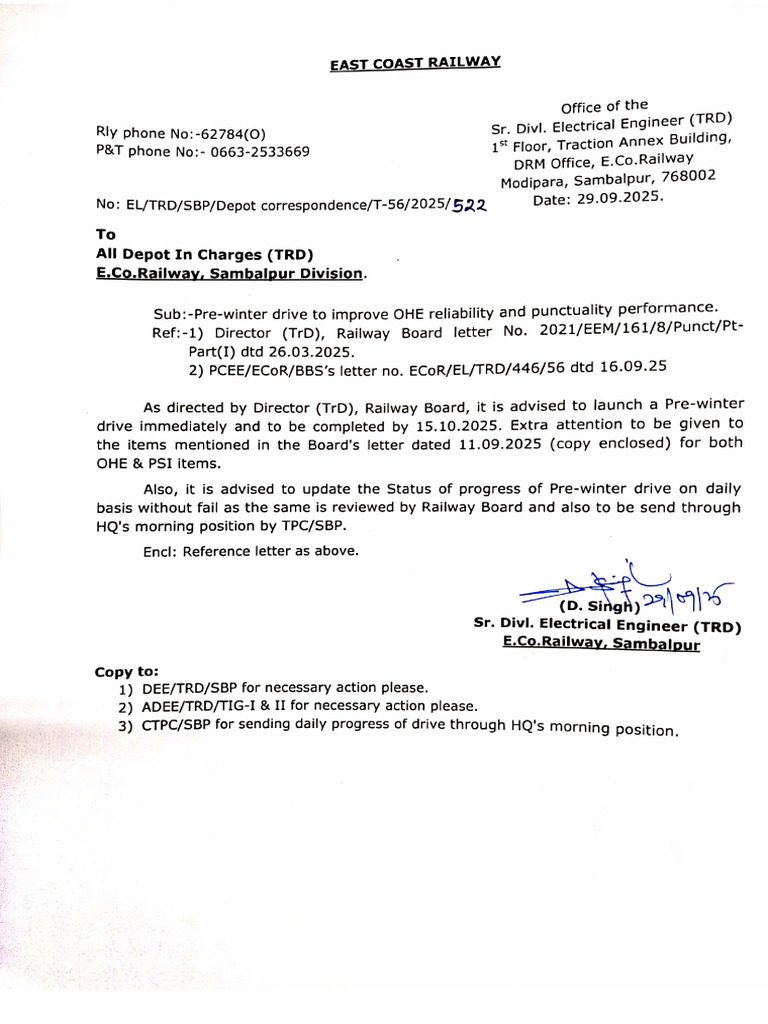 Pre Winter Drive to Improve OHE Reliability and Punctuality Performance ...