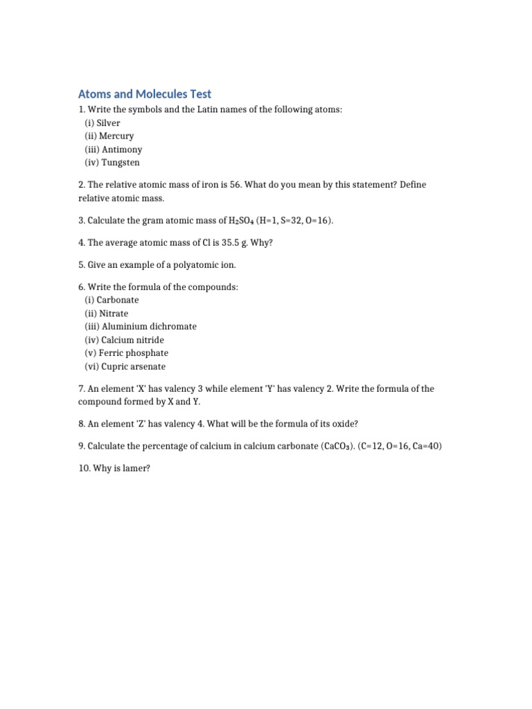Atoms and Molecules Test | PDF