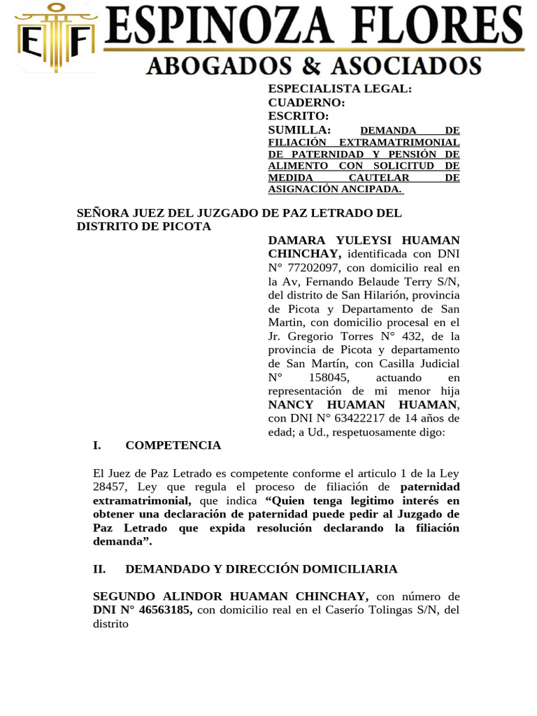 Demanda de Filiación de Paternidad y Pensión de Alimentos Damara | PDF | Pensión alimenticia ...