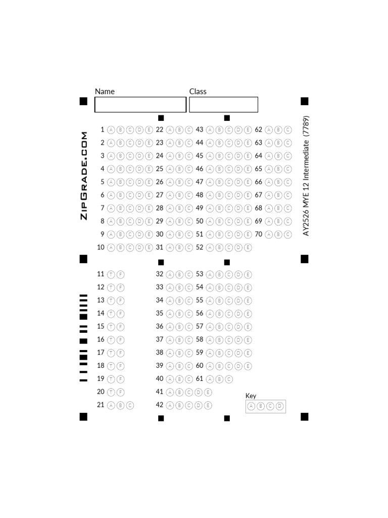 ZipGrade Answer Sheet MYE 12 Intermediate Listening & Reading | PDF