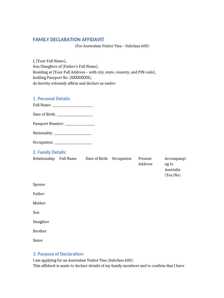 Family Declaration Affidavit Subclass 600 | PDF