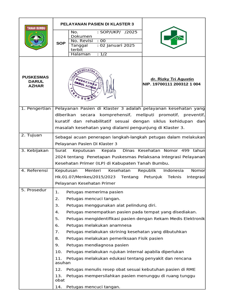 SOP Pelayanan Pasien Klaster 3 Puskesmas | PDF