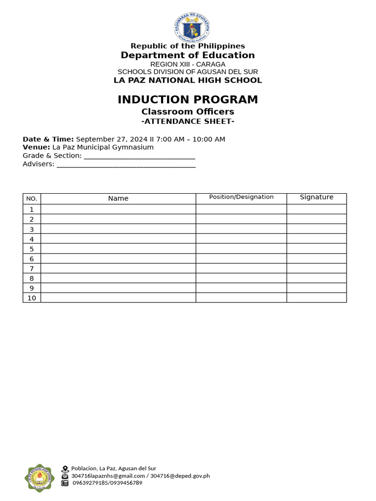 La Paz National High School Induction Attendance | PDF