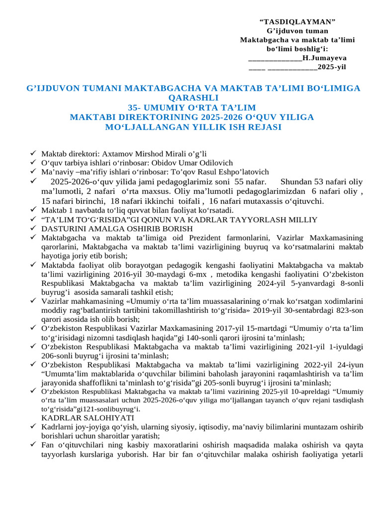 29-Maktab Direktor Ish Reja 2025-2026 | PDF