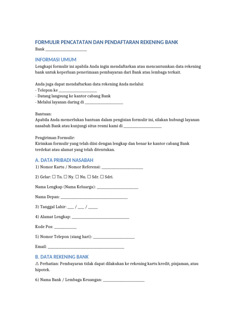 Formulir Pendaftaran Rekening Bank | PDF