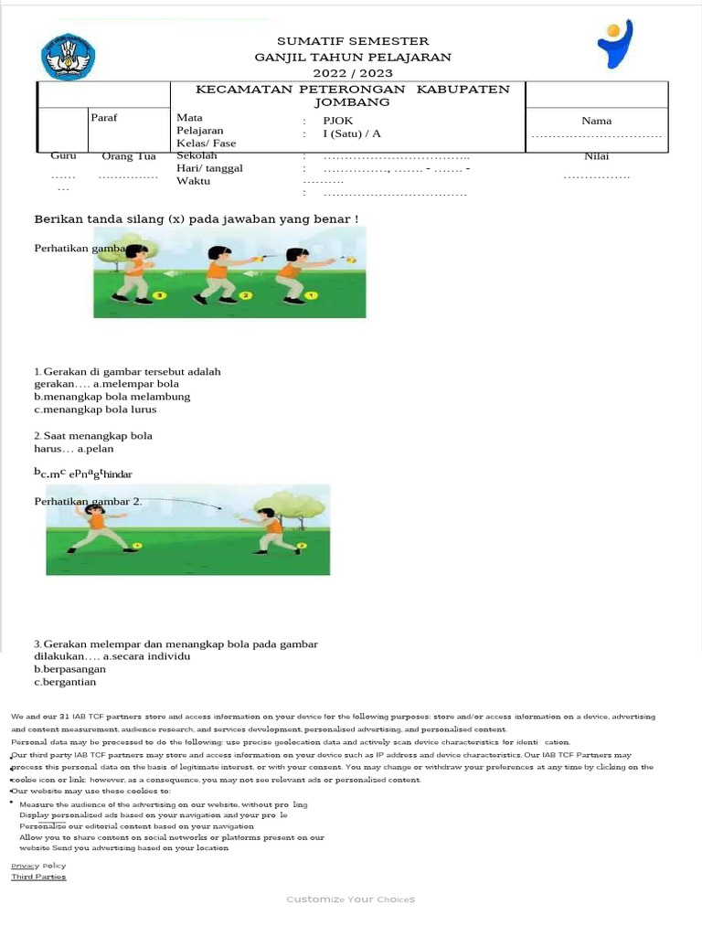PDF Soal Pas Pjok Kelas 1semester 1 Kurikulum Merdeka Belajar | PDF | Data | Information And ...