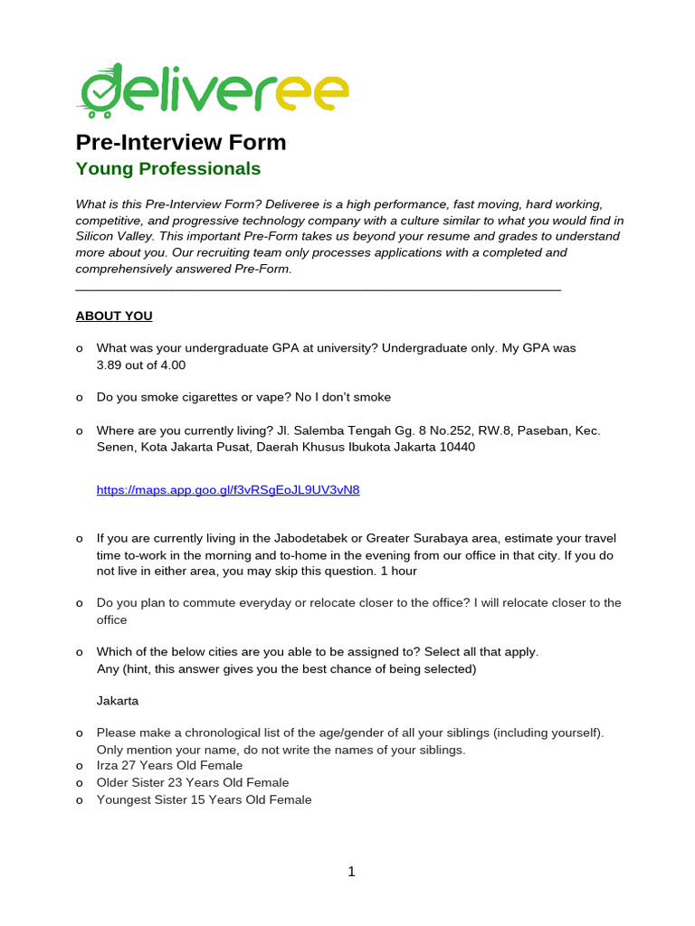 Pre-Interview Form for Young Professionals | PDF
