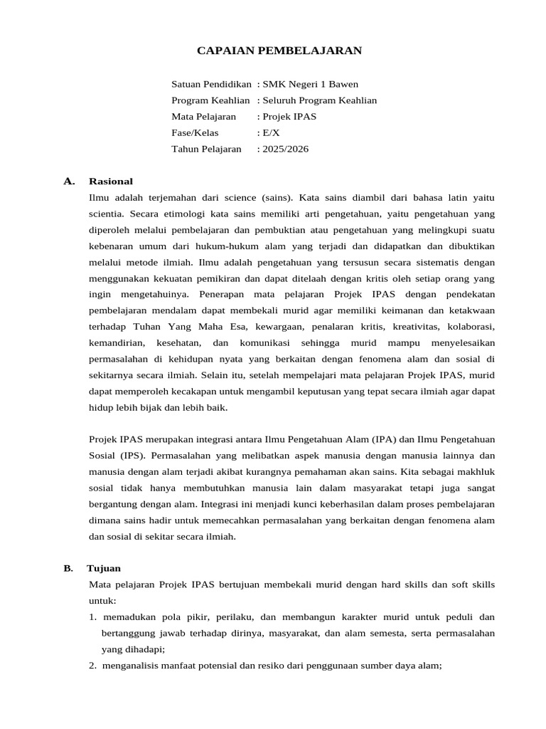Capaian Pembelajaran Projek IPAS SMK | PDF