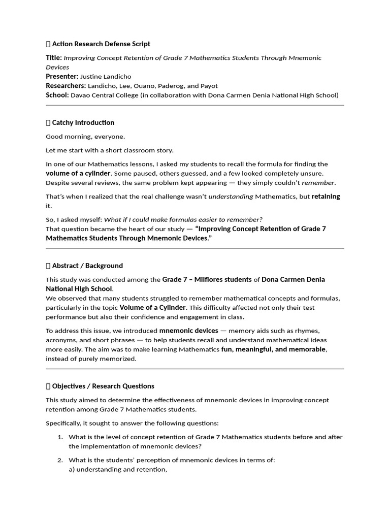 ? Action Research Defense Script | PDF | Mnemonic | Memory