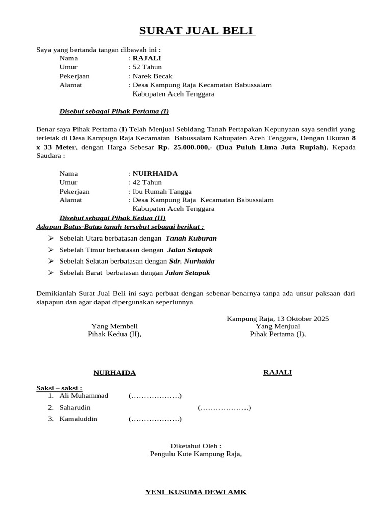 Surat Jual Beli Kampung Raja | PDF