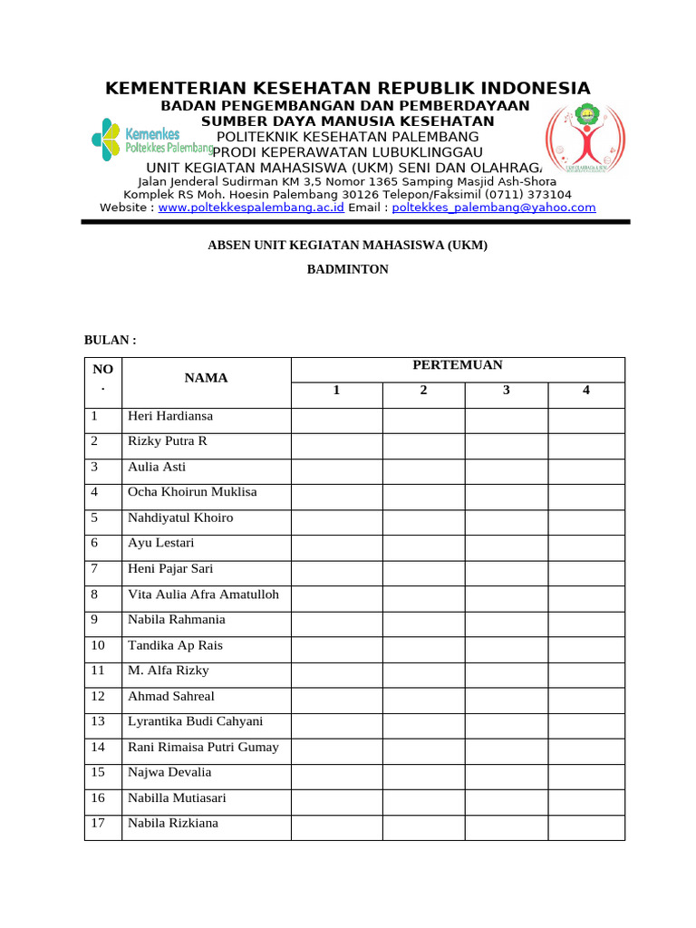 Absen UKM Badminton Politeknik Kesehatan | PDF