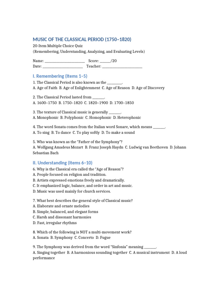 Classical Music Quiz: 1750-1820 | PDF | Classical Period (Music) | Concerto