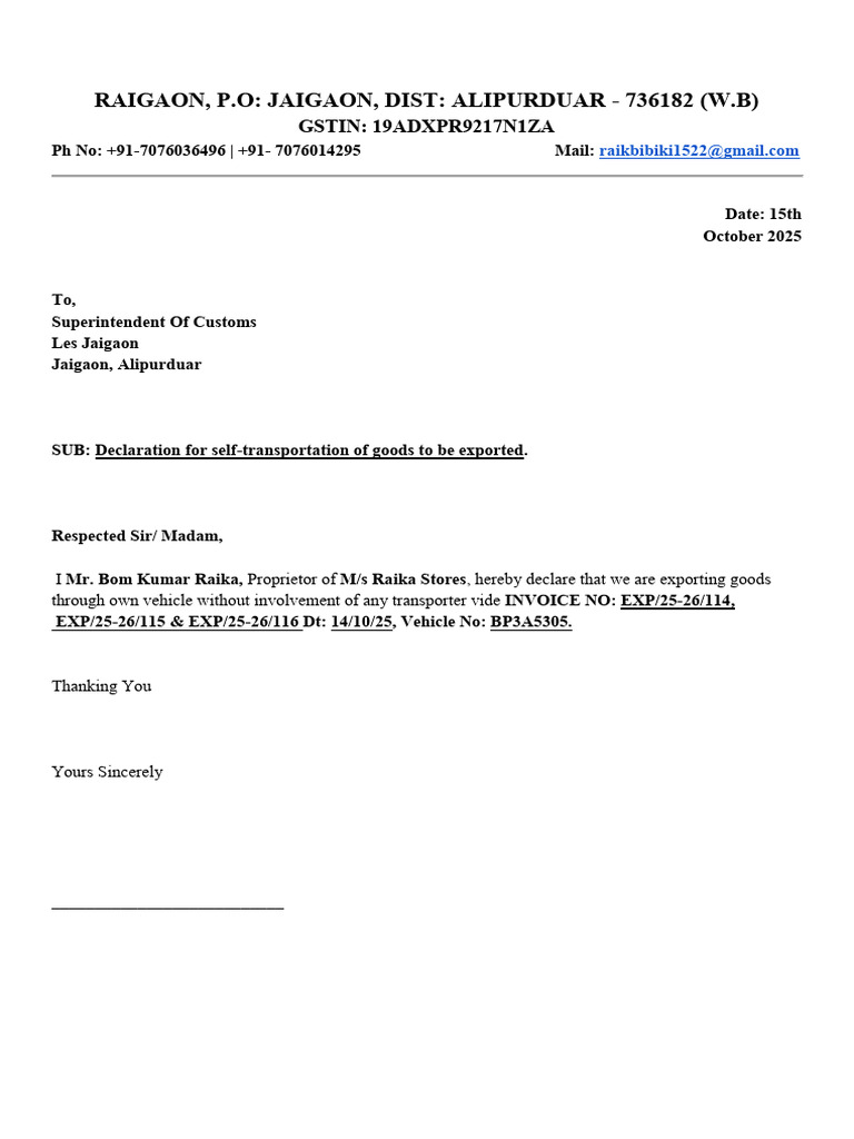 Custom Declaration EXP 25-26-114,15,16 | PDF
