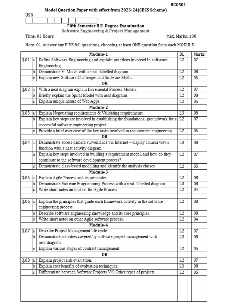 BCS501 Model Question Paper | PDF | Project Management | Agile Software ...