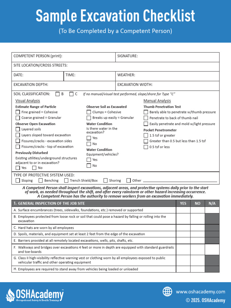 Excavation Safety Checklist Template | PDF