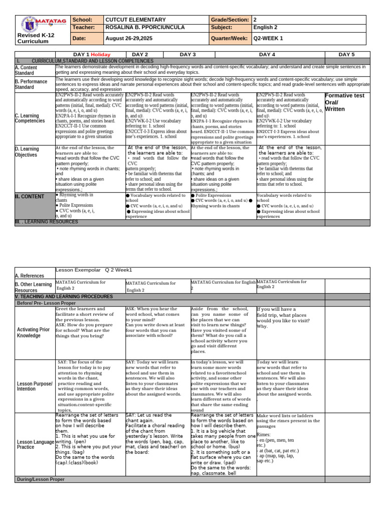 All Subjects DLL q2 Week 1 | PDF | Learning | Vocabulary