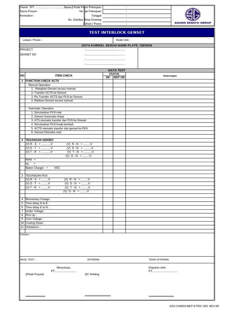 Asg Chrd3 Mep Etric 005 Form Checklist Genset | PDF