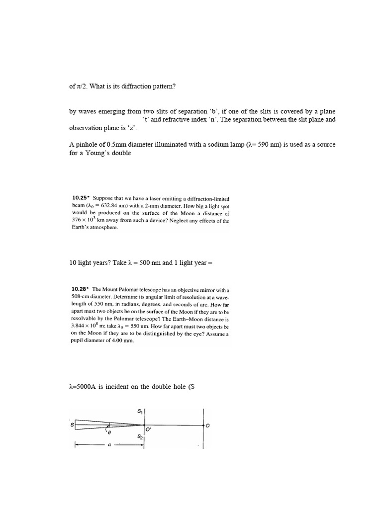 Tutorial Problem Sheet 4 - Resolution, Fresnel Diffraction | PDF