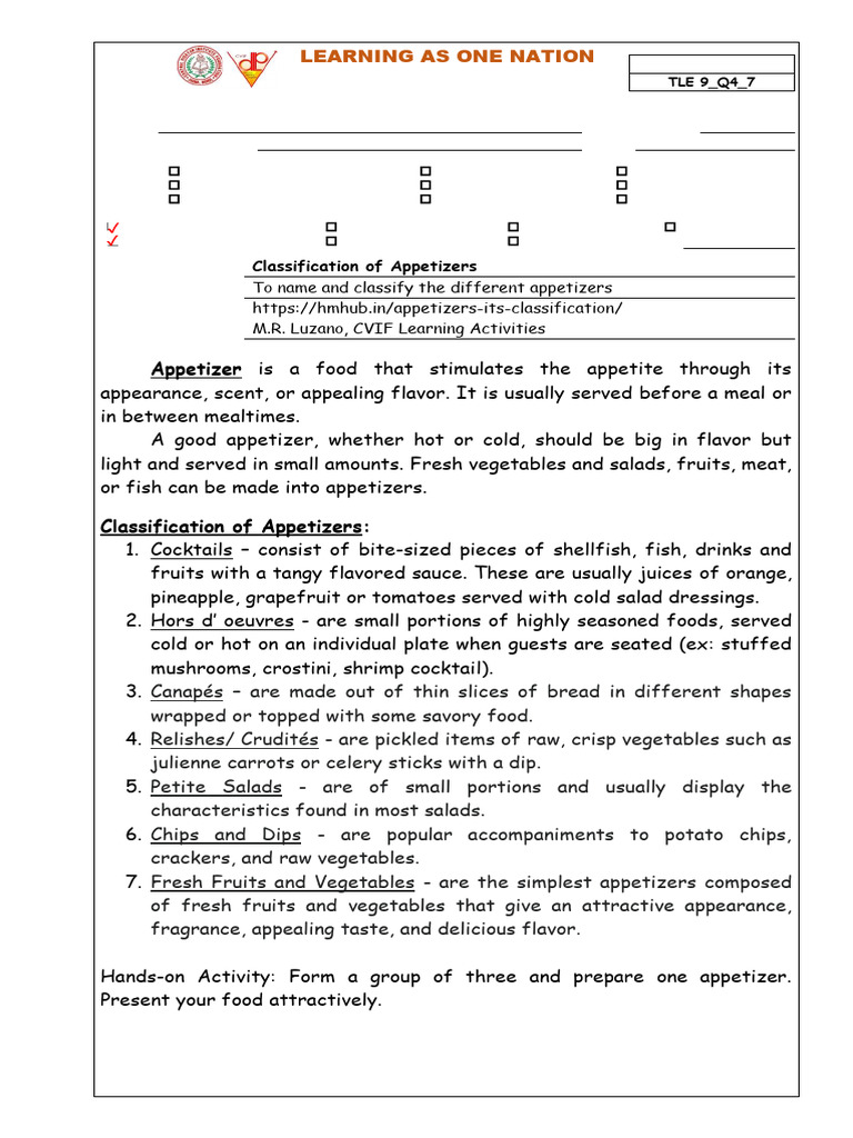 TLE 9 Q4 LAS 7 Classification of Appetizers | PDF | Hors D'oeuvre | Foods