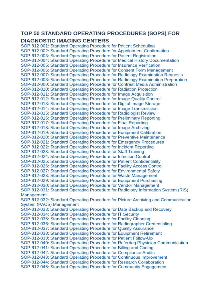 My List of SOP For Imaging Centre | PDF | Radiology | Medical Imaging