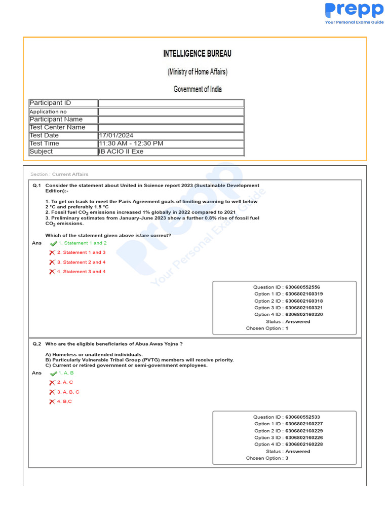 IB ACIO Grade II Executive Jan 17 2024 Shift 2 Question Paper With ...
