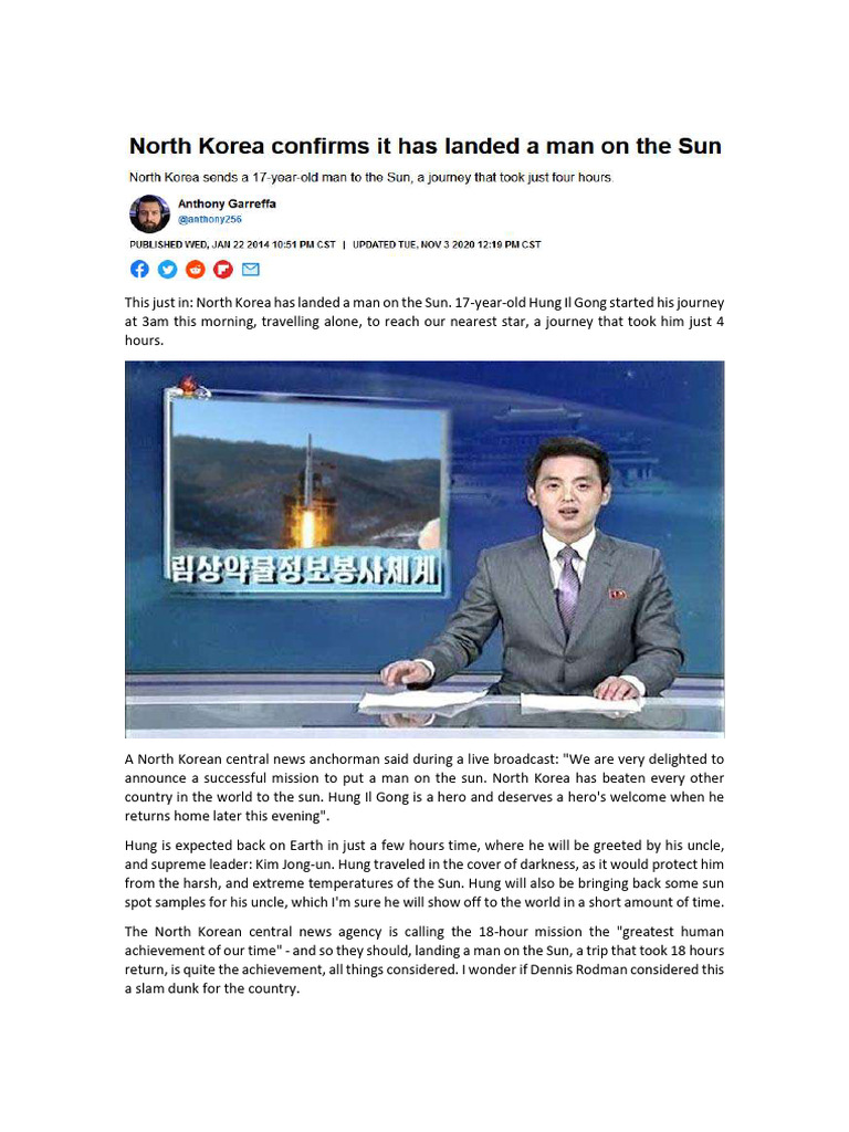North Korea Confirms That It Has Landed A Man On The Sun | PDF