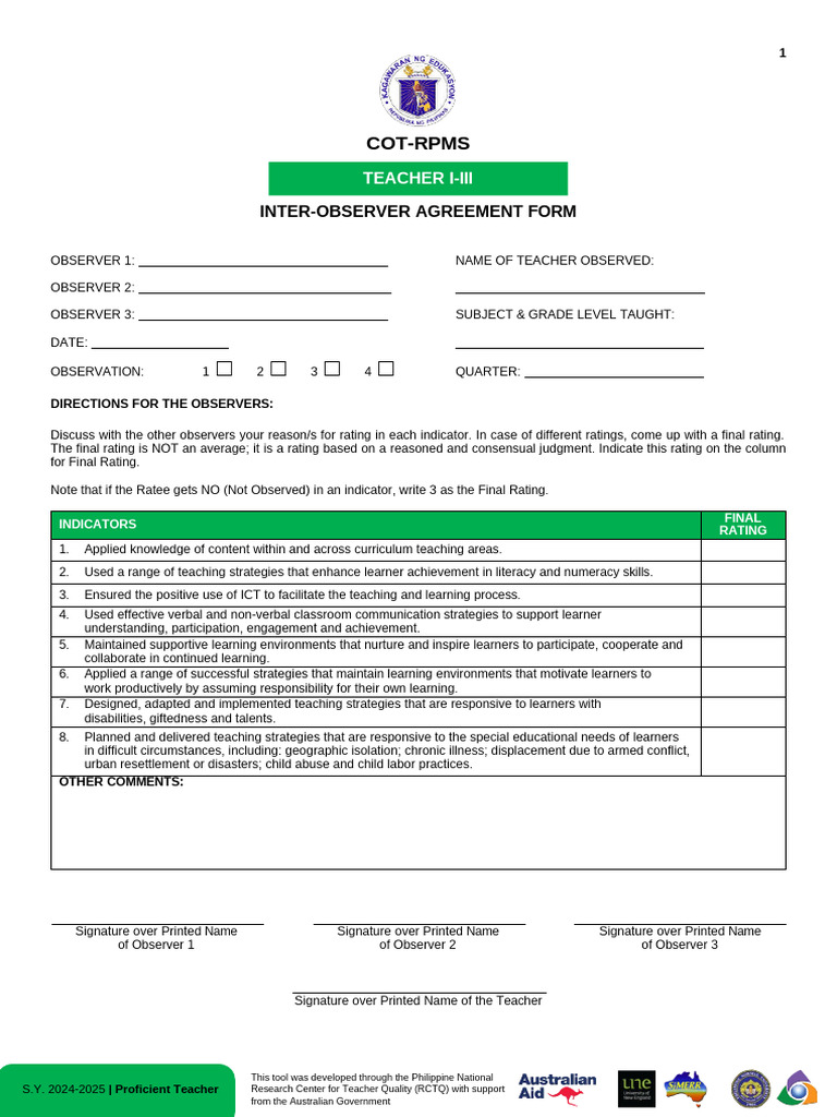 [Appendix C-11] COT-RPMS Inter-observer Agreement Form for T I-III for ...