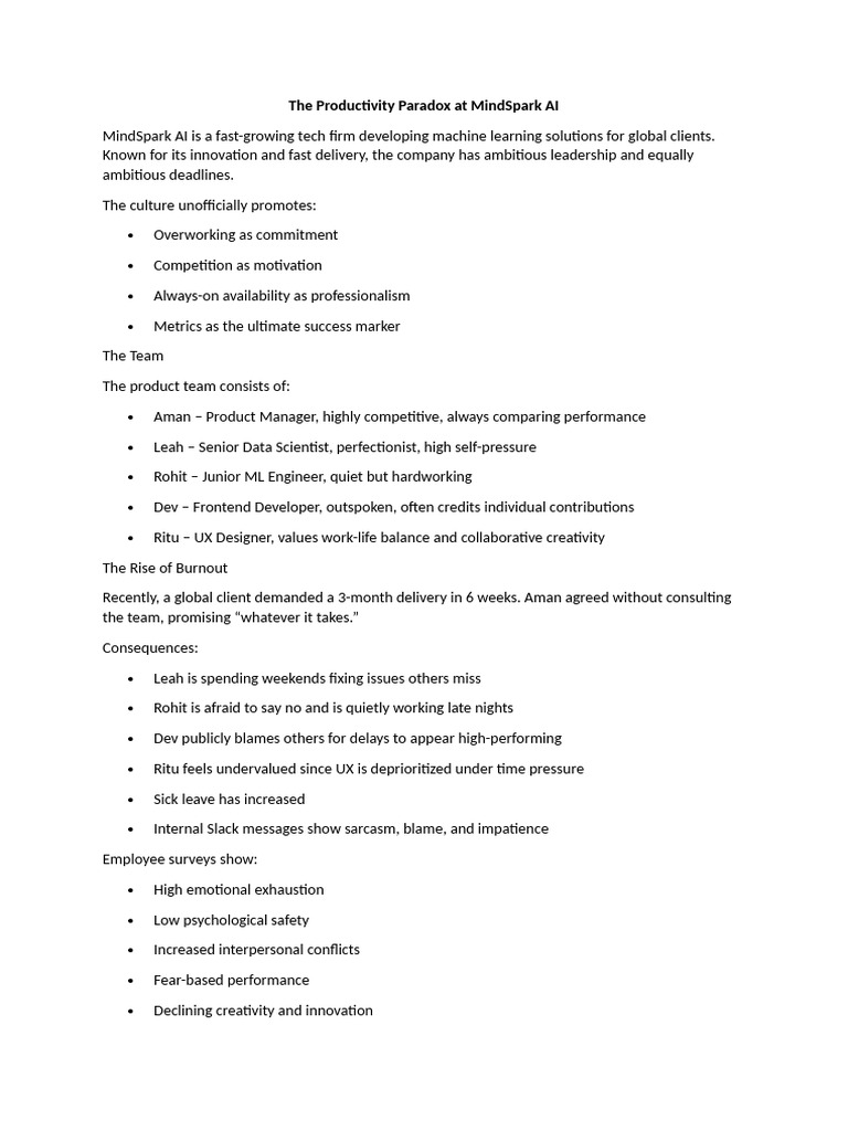 The Productivity Paradox at MindSpark AI - Case Study OB | PDF ...