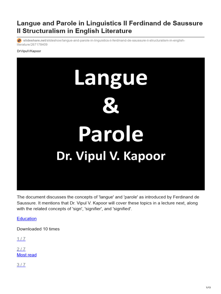 Langue and Parole in Linguistics II Ferdinand de Saussure II ...