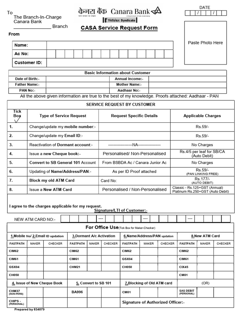 Canara Bank CASA Service Request Form | PDF | Debit Card | Banking ...